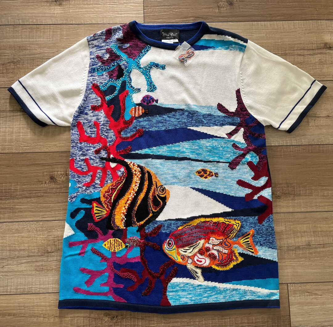 Vintage Diane Freis Beaded Fish Sweater, Cotton Tropical Fish Tunic ...