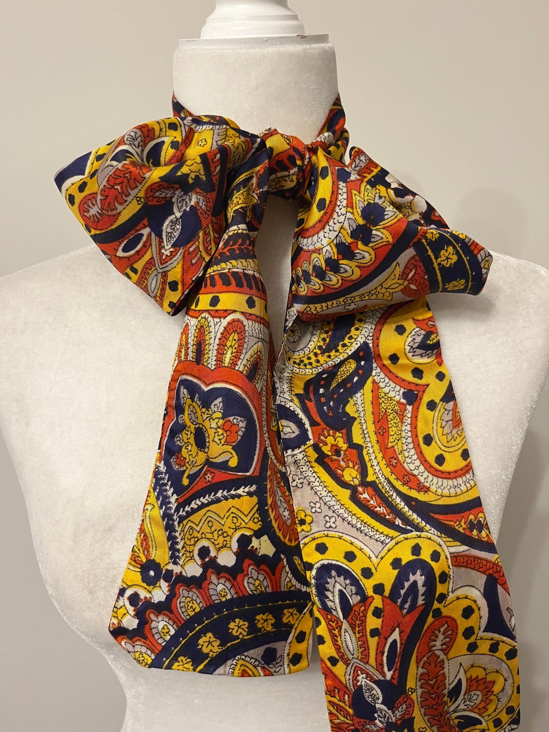 60s 70s Bandeau Scarf, Paisley Floral Scarf, Yellow Blue Red Long Scarf ...