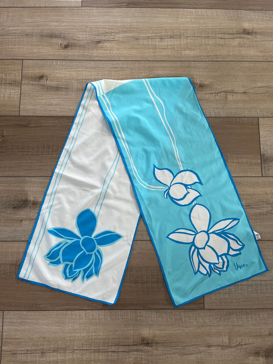 70s Vera Scarf, Vintage Vera Neumann Scarf, Aqua Blue and White Floral ...