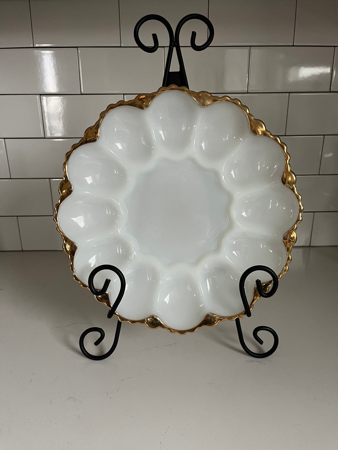Vintage Milk Glass Deviled Egg Plate With Gold Trim, Milk Glass Egg ...
