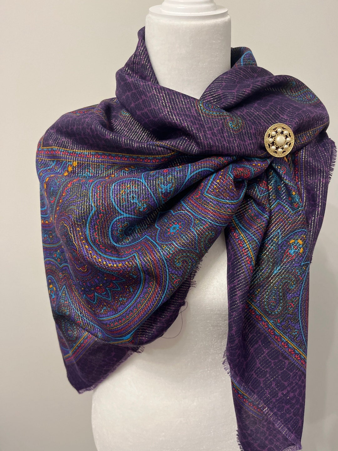 70s 80s Specialty House Paisley Scarf, Metallic Purple Fringe Scarf ...