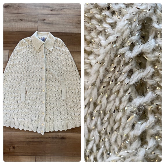 60s Sherry Gale gold metallic cape, beige & gold ponc… - Gem