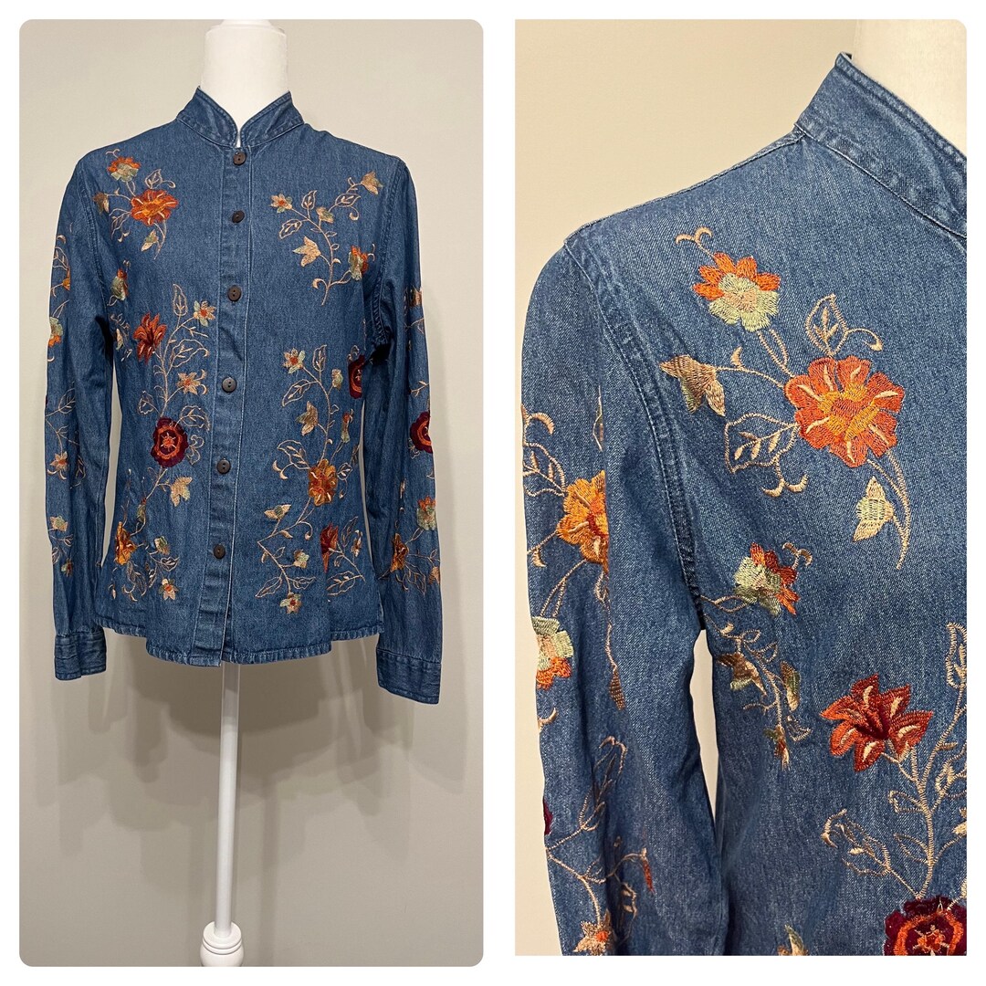 Vintage Fall Denim Shirt, Dressbarn Floral Embroidered Denim Shirt ...