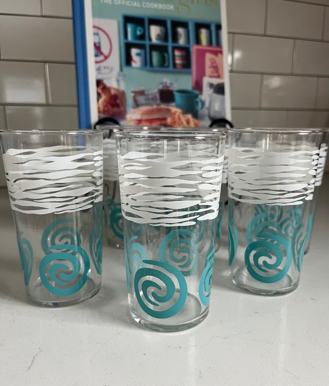 6 Federal Glass Aqua & White Swirl Glasses, Federal Glass Marine ...