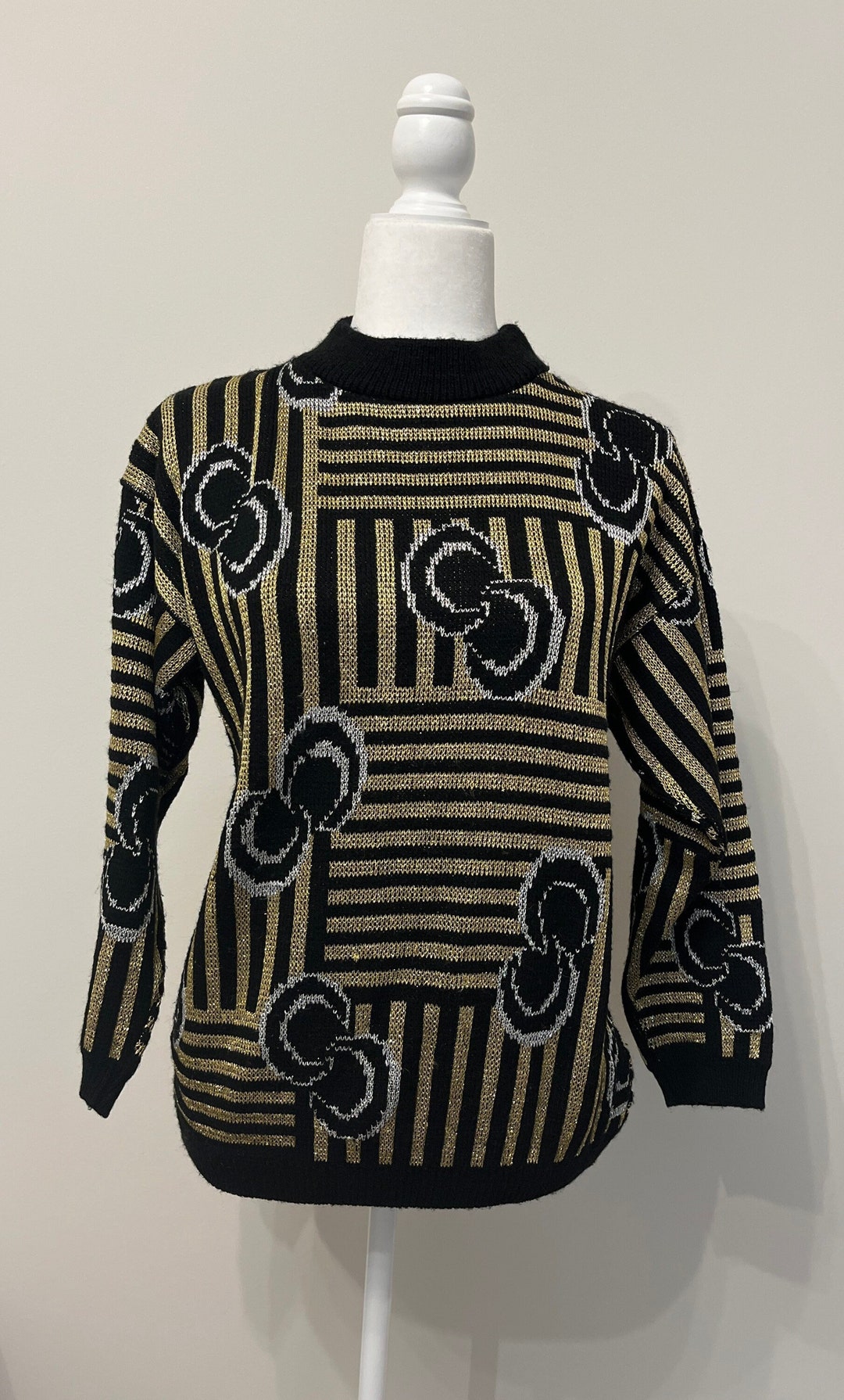 80s Metallic Sweater, Kate Collins Acrylic Lurex Sweater, Black Gold ...