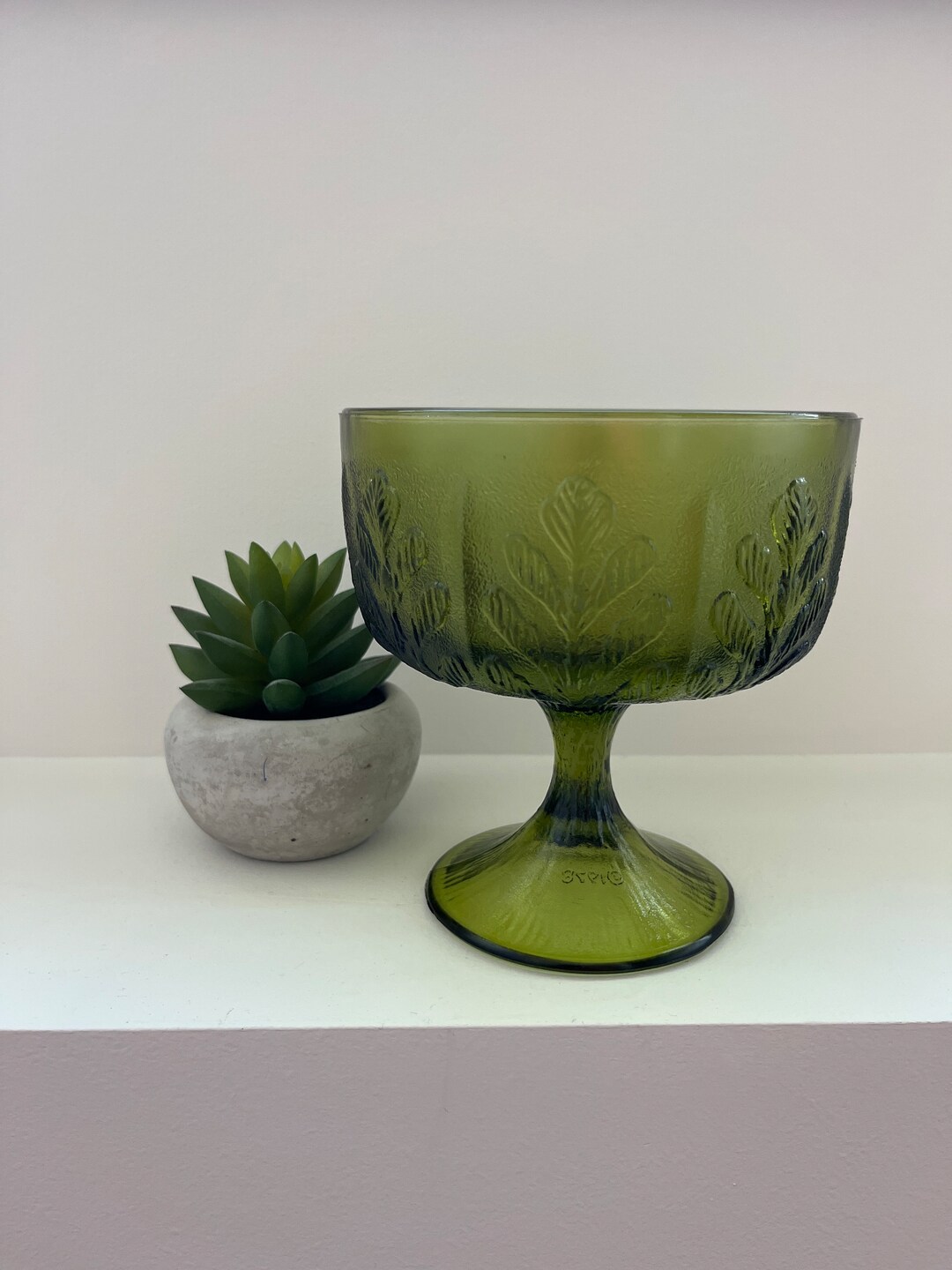 70s FTD Footed Green Bowl, 1978 Avocado Green Glass Pedestal Bowl ...