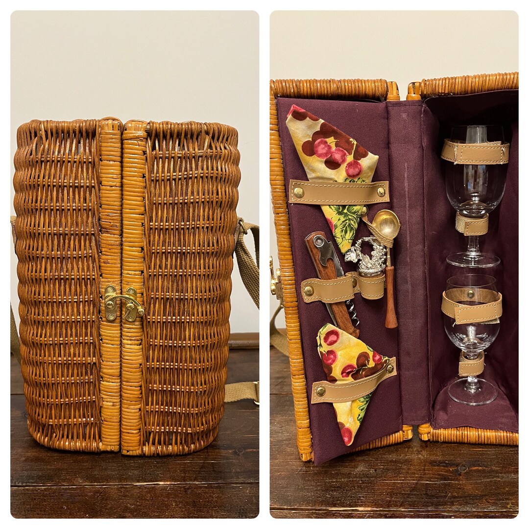 Vintage Picnic Time Wicker Wine Carrier, Boho Wine Basket, Wine Carrier ...