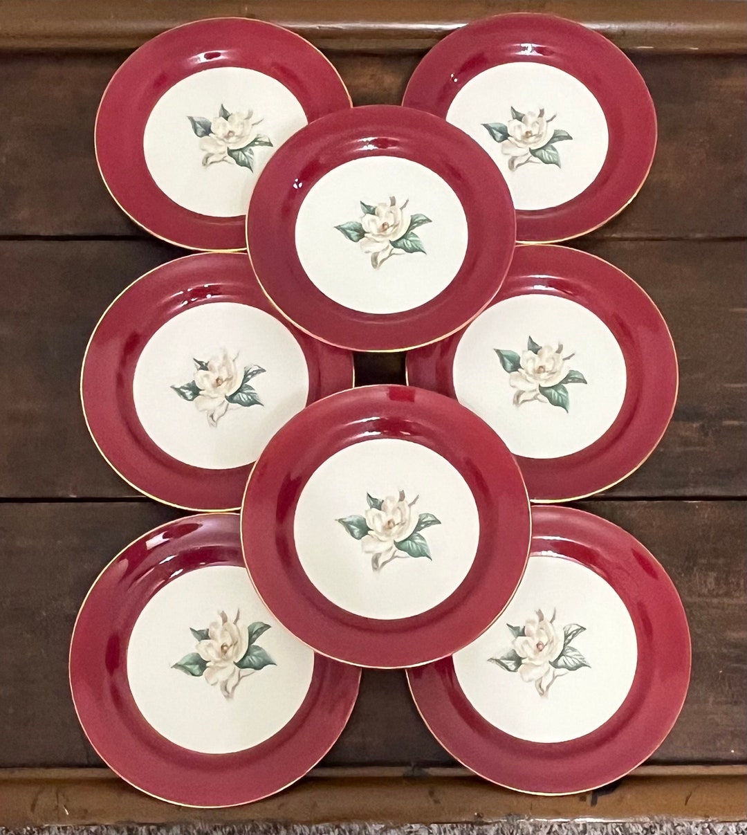 8 Burgundy Floral Salad Plates, Lifetime China Co. Homer Laughlin ...