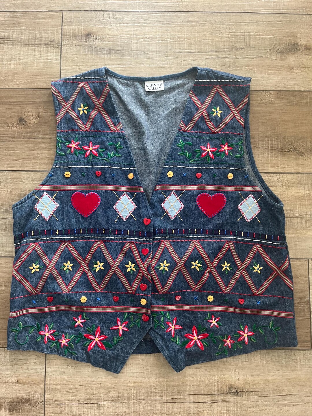 Vintage Napa Valley Denim Vest, Novelty Patterned Vest, Denim Folk Vest ...