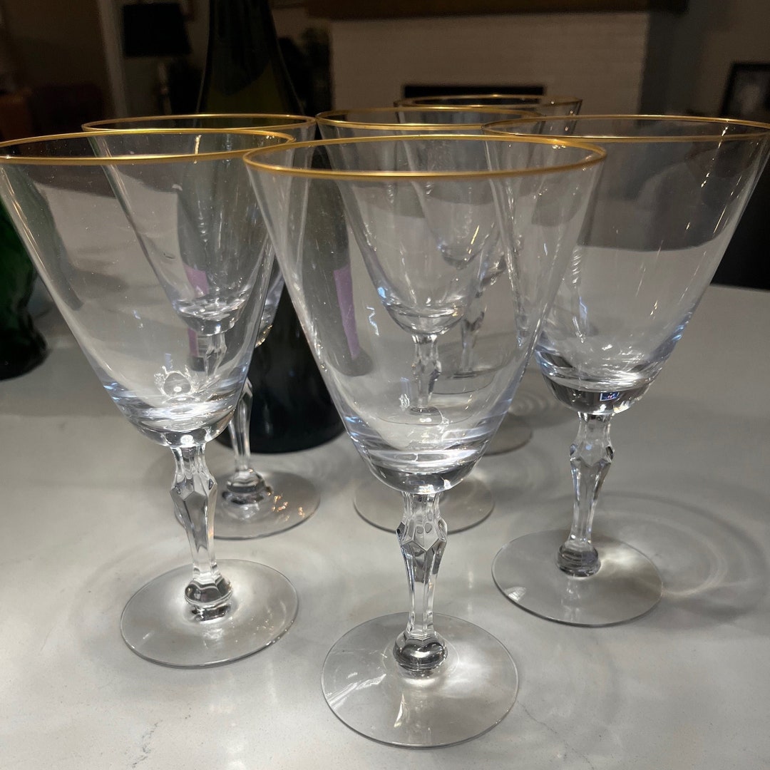 6 Fostoria Aurora Goblets, 7” Water Goblets, Gold Rimmed Goblets ...