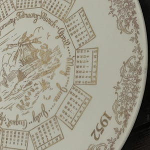 1952 Calendar Plate, Windmill & Ships Plate, Metallic Gold Painted ...