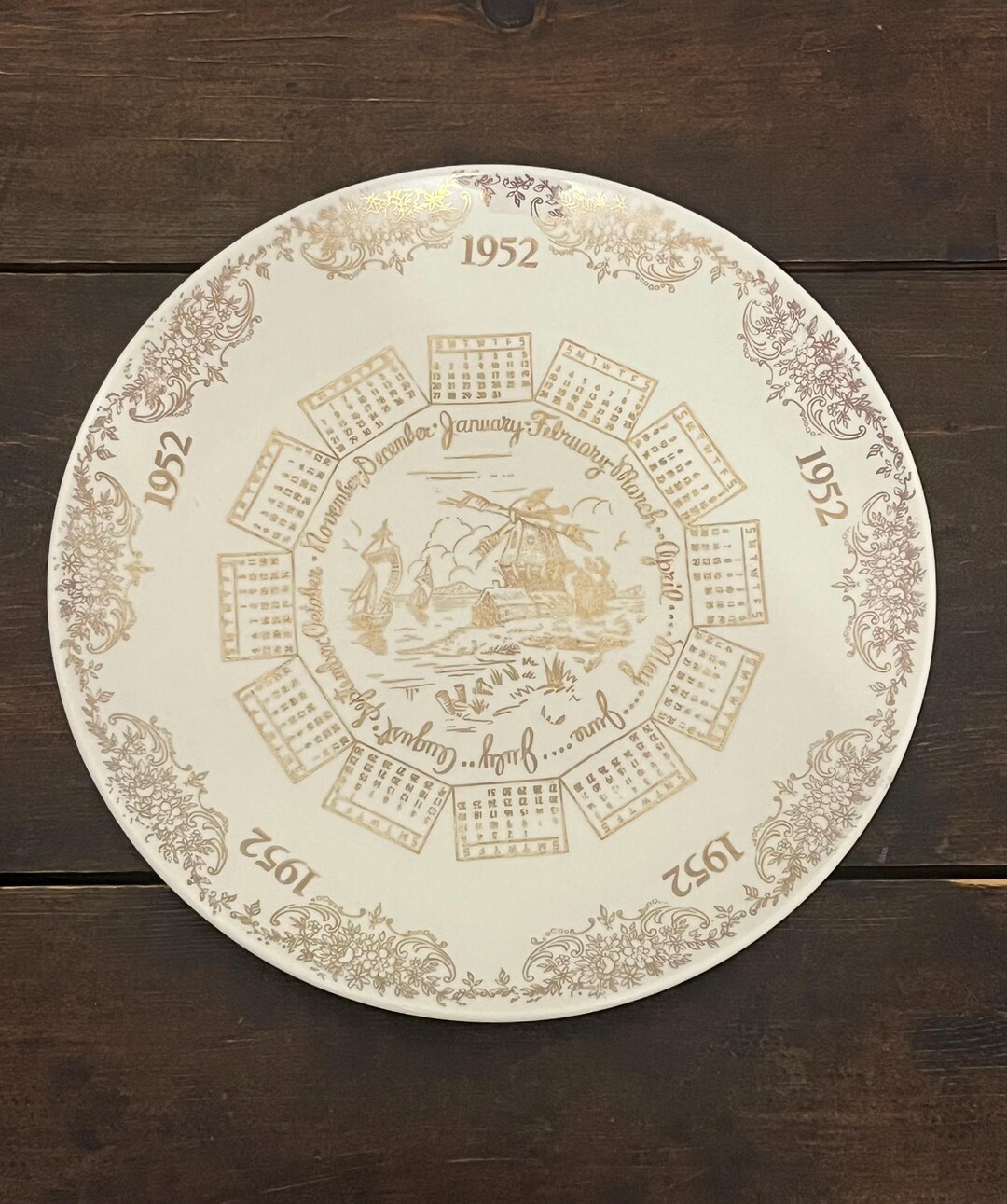 1952 Calendar Plate, Windmill & Ships Plate, Metallic Gold Painted ...