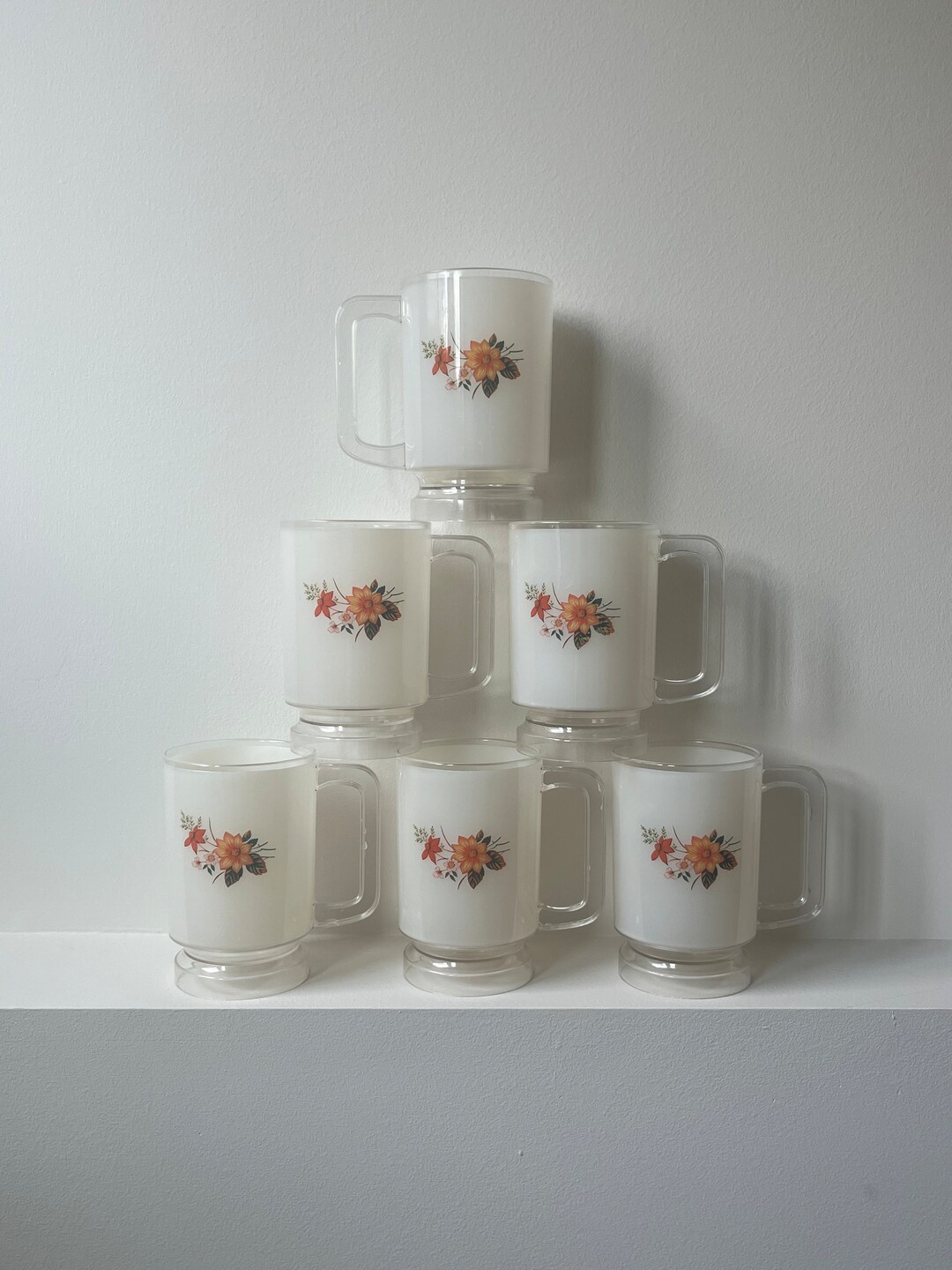 6 Vintage Plastic Mugs, MCM Floral Plastic Mugs, Outdoor Entertaining ...