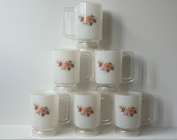 6 Vintage Plastic Mugs, MCM Floral Plastic Mugs, Outdoor Entertaining ...
