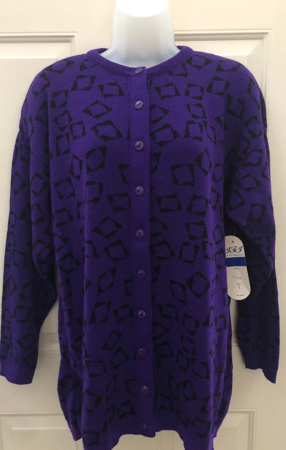 NOS 80s purple abstract cardigan, IF Industries Knits… - Gem