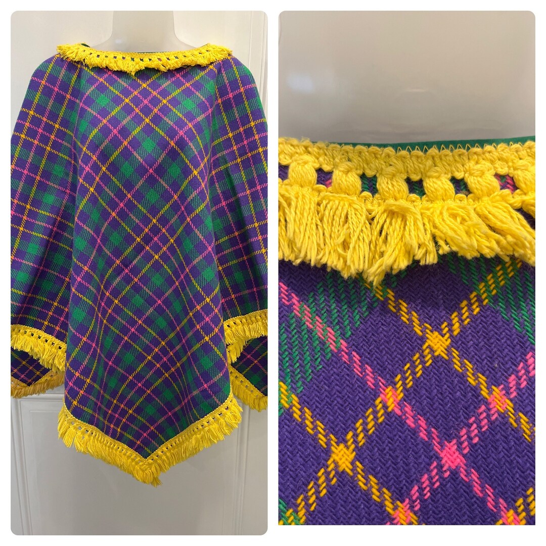 60s 70s Bright Plaid Wool Poncho Handmade Fringe Poncho - Etsy