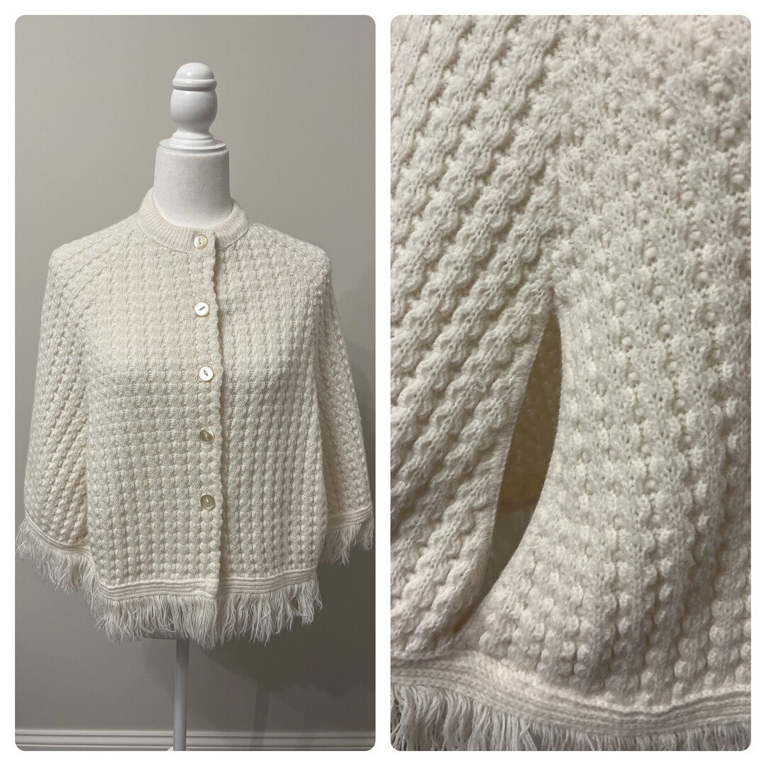 60s 70s Cream Cape, Ivory Knit Poncho, Short Cape, Boho Fringe Poncho ...