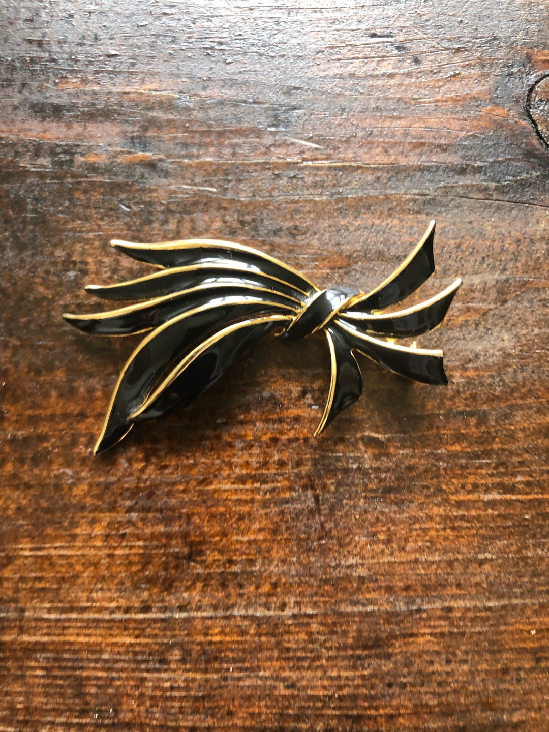 Broche de cinta de esmalte negro vintage, broche de arco de metal de ...