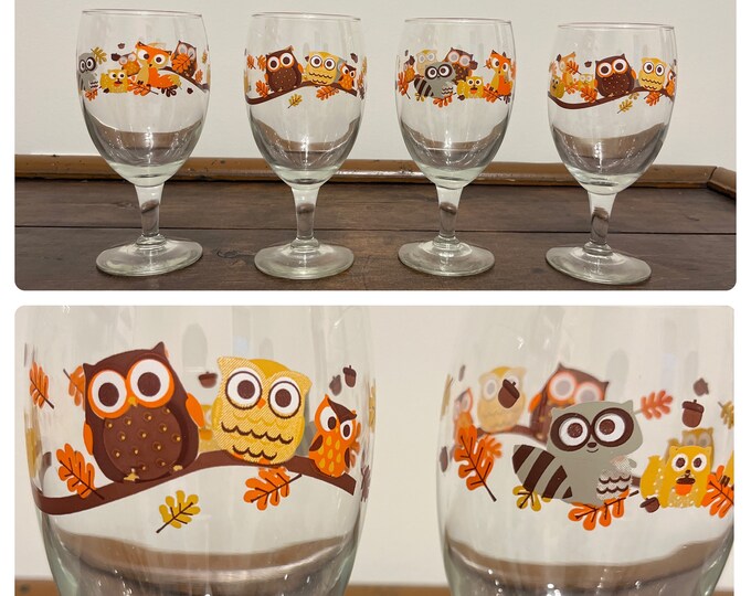 4 Libbey Crisa Woodland Creatures Goblets, Fall Theme Glasses, Owl ...