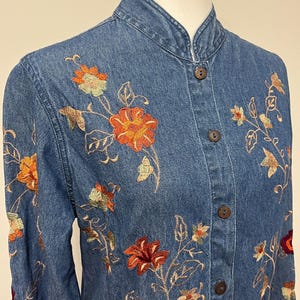 Vintage Fall Denim Shirt, Dressbarn Floral Embroidered Denim Shirt ...