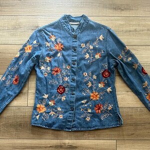 Vintage Fall Denim Shirt, Dressbarn Floral Embroidered Denim Shirt ...