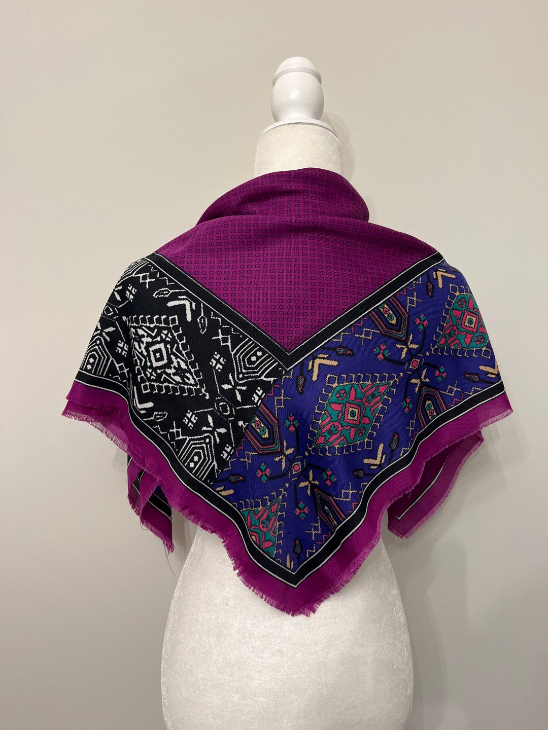 Vintage Glentex Fringe Scarf, 80s Shawl Scarf, Purple & Black Geometric ...