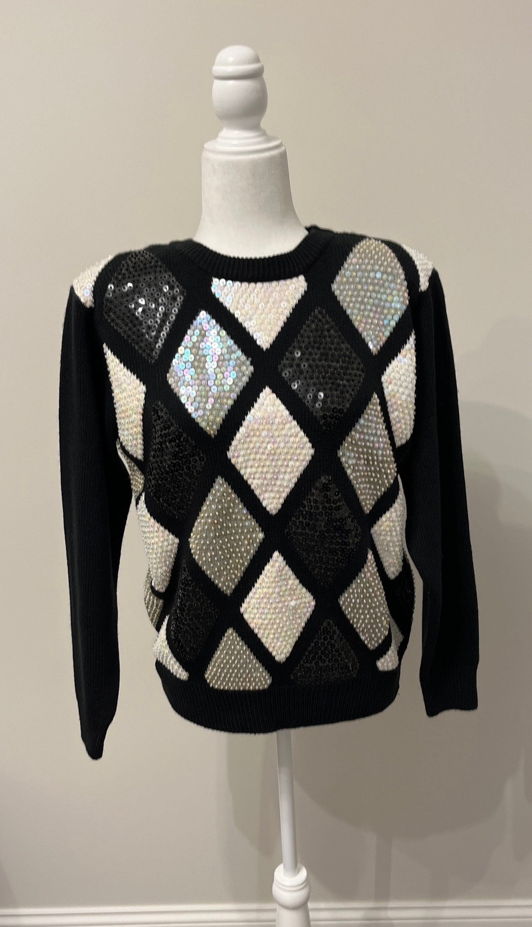 80s 90s Black Sequined Sweater, Alfred Dunner Petite Dressy Argyle ...
