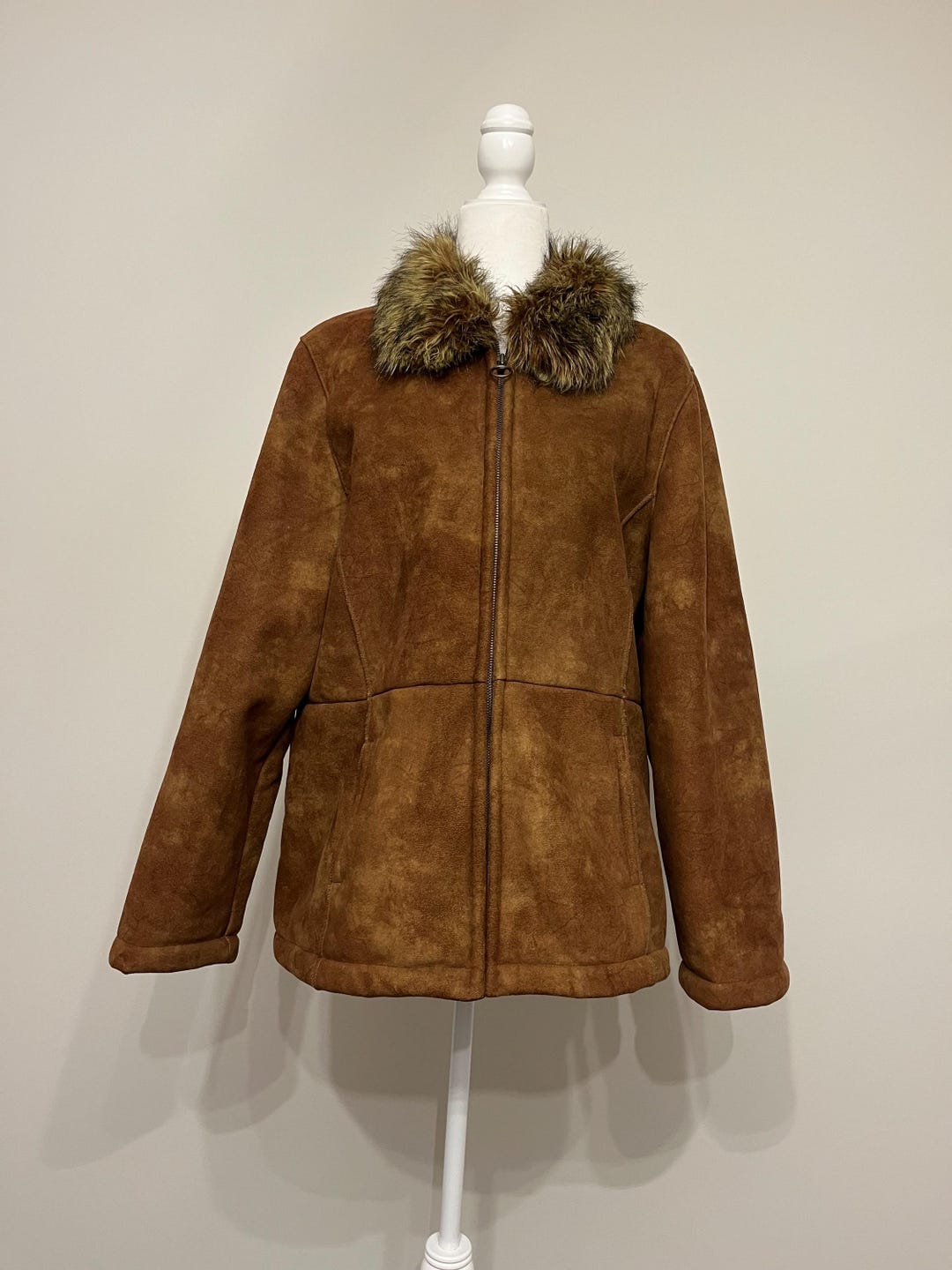 Vintage Faux Suede Faux Fur Collar Coat, 00’s White Stag Brown Faux ...