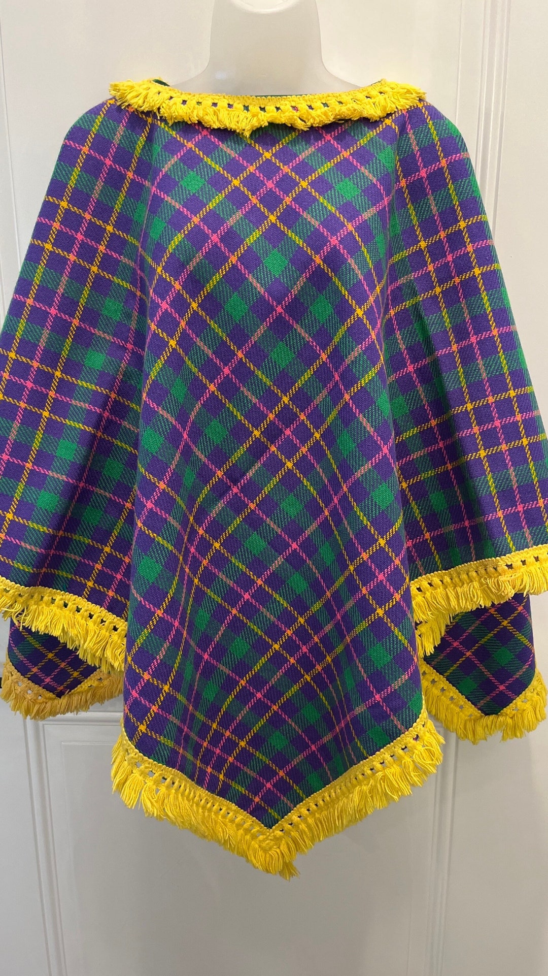 60s 70s Plaid Wool Poncho, Handmade Fringe Poncho, Bright Yellow Green ...