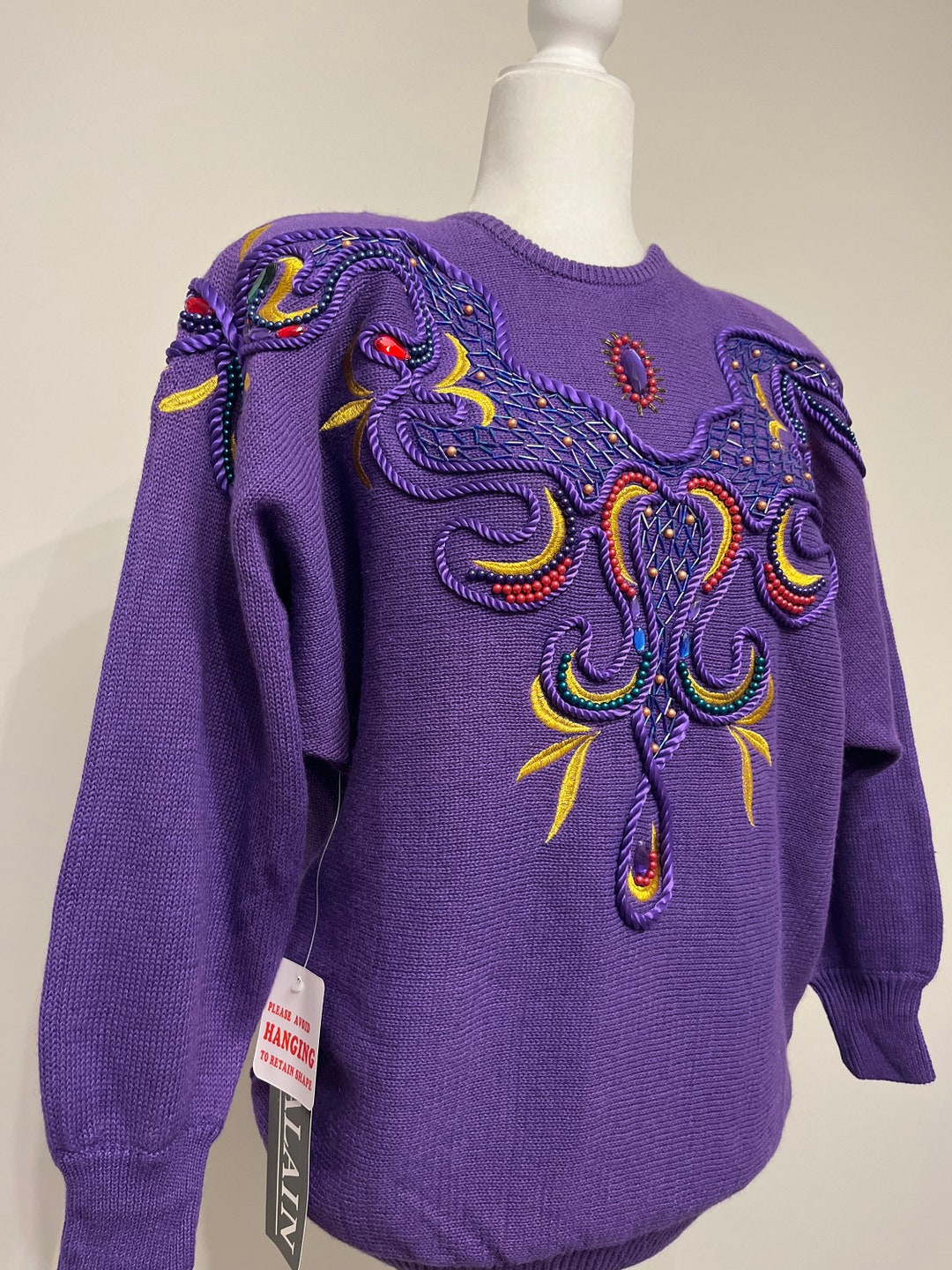 80s Purple Embellished Sweater, NWT Malain Sweater, Batwing Sleeve ...