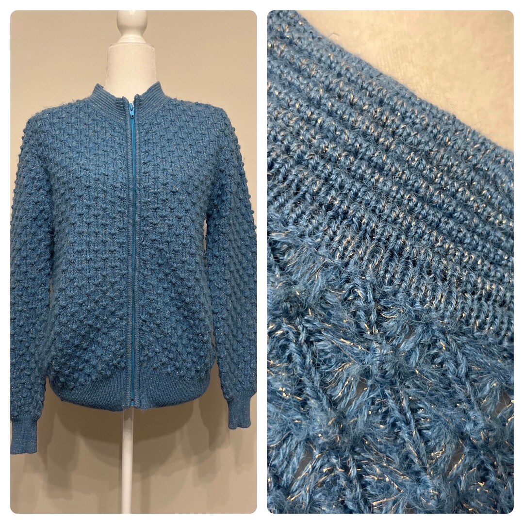 70s Blue Wool Cardigan, Golden Cardigan, Acrylic Wool Lurex Cardigan ...