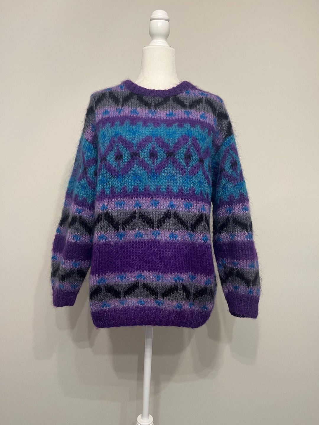 Vintage Icelandic Sweater, Patterned Bright Mohair Wool Sweater ...