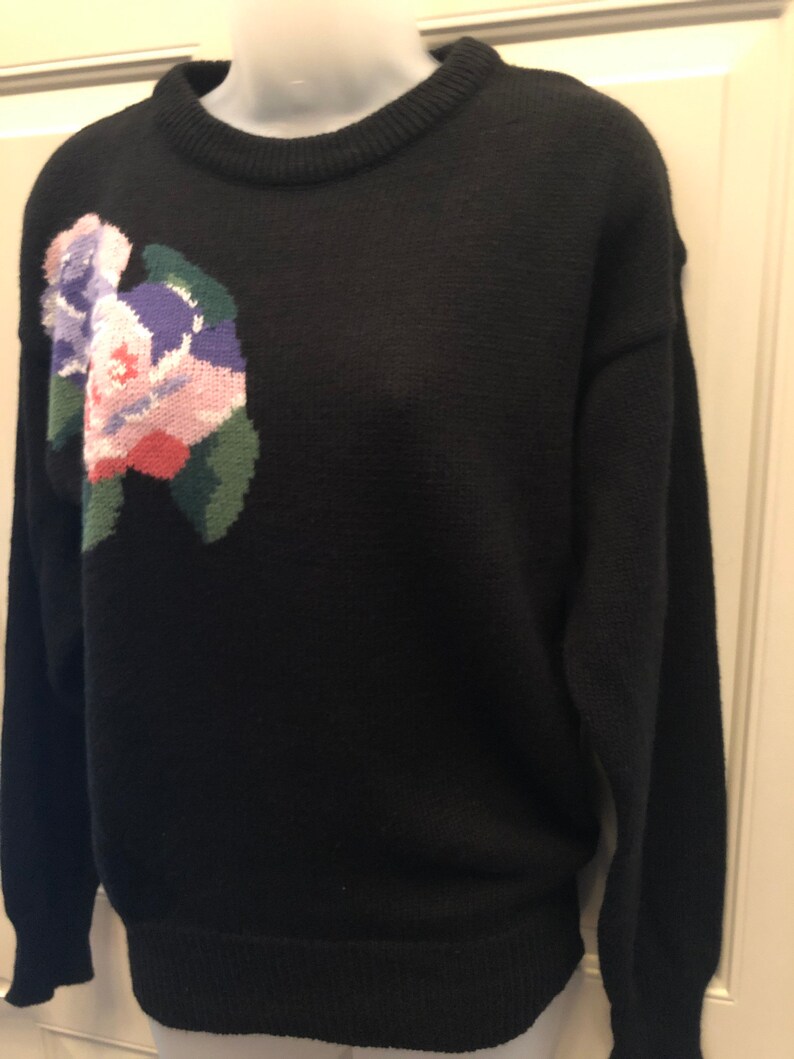 70s 80s Beeline Fashions Floral Sweater Black Floral Sweater - Etsy