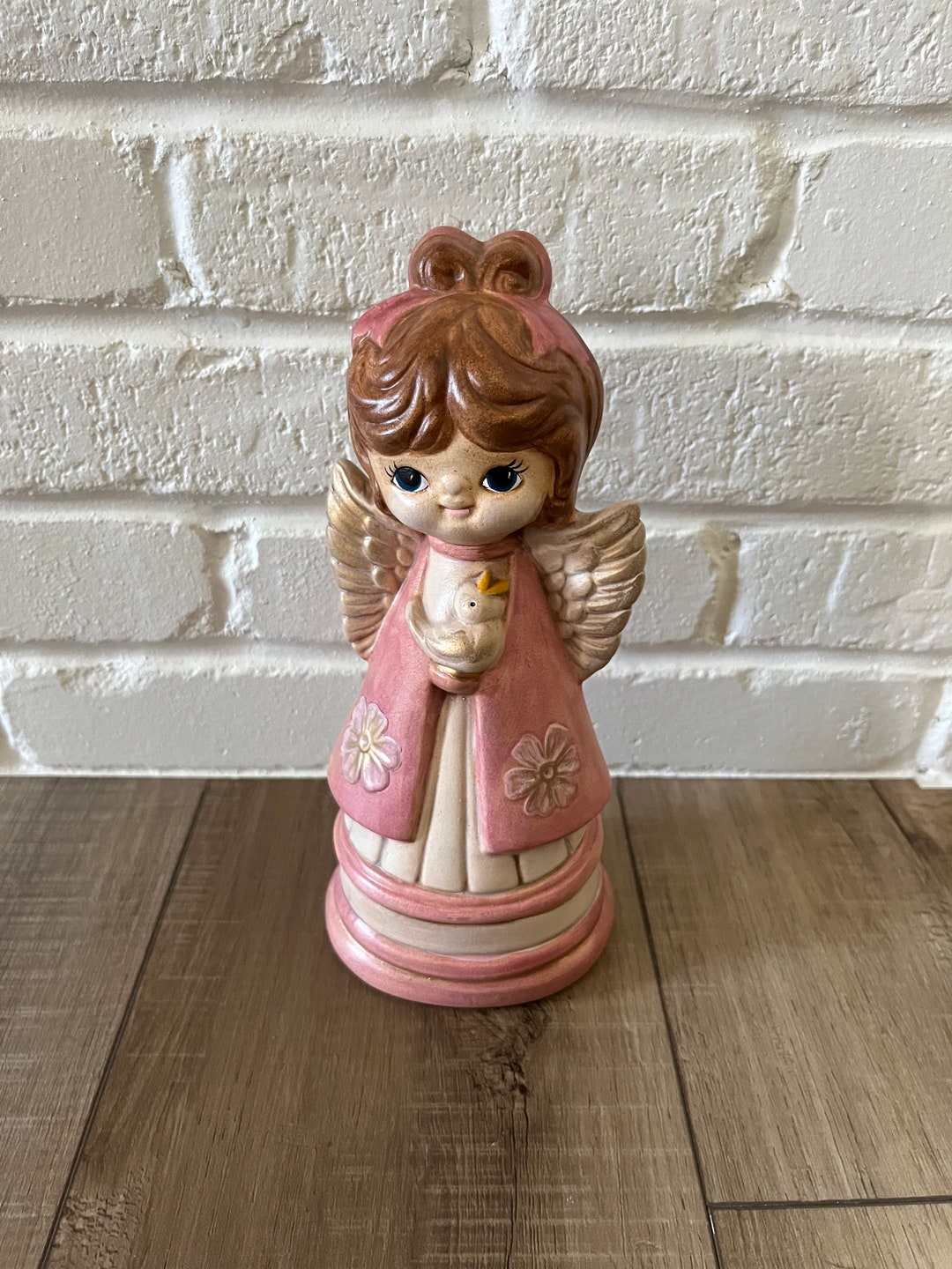 1982 Angel Mold Statue, Pink Handpainted Angel With Bird, Ceramic Angel ...