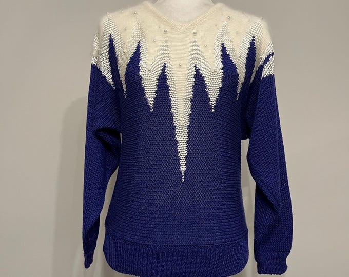 80s Embellished Sweater, Royal Blue & Cream Angora Blend Sweater, Flame ...