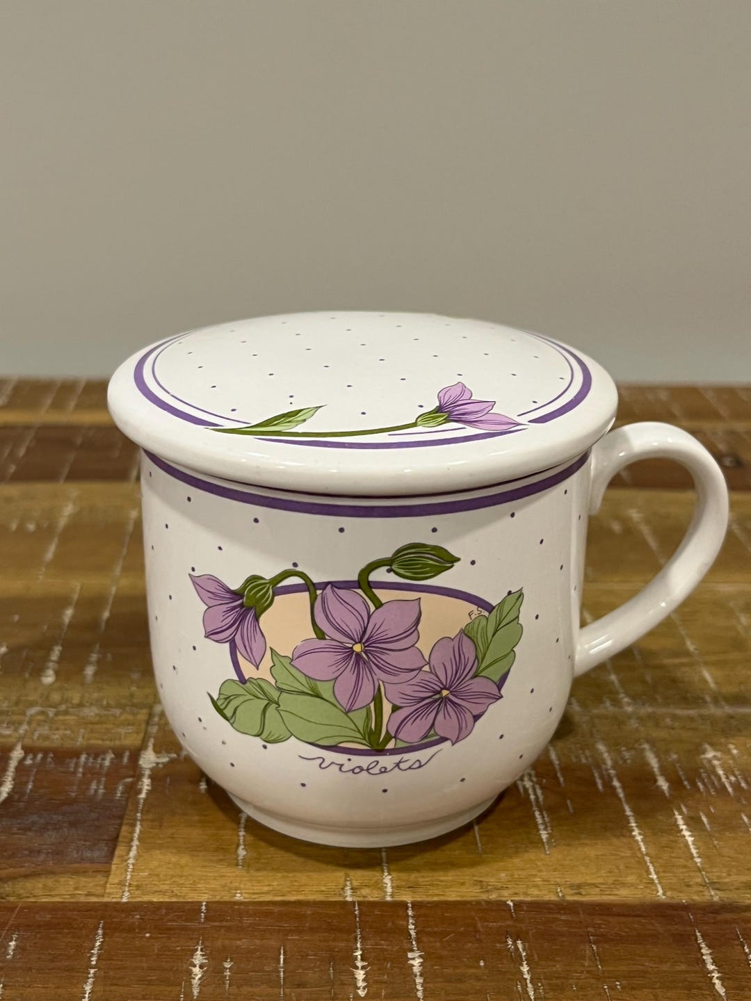 Vintage Papel Violets Mug, Lidded Mug, Floral Themed Mug, Vintage ...