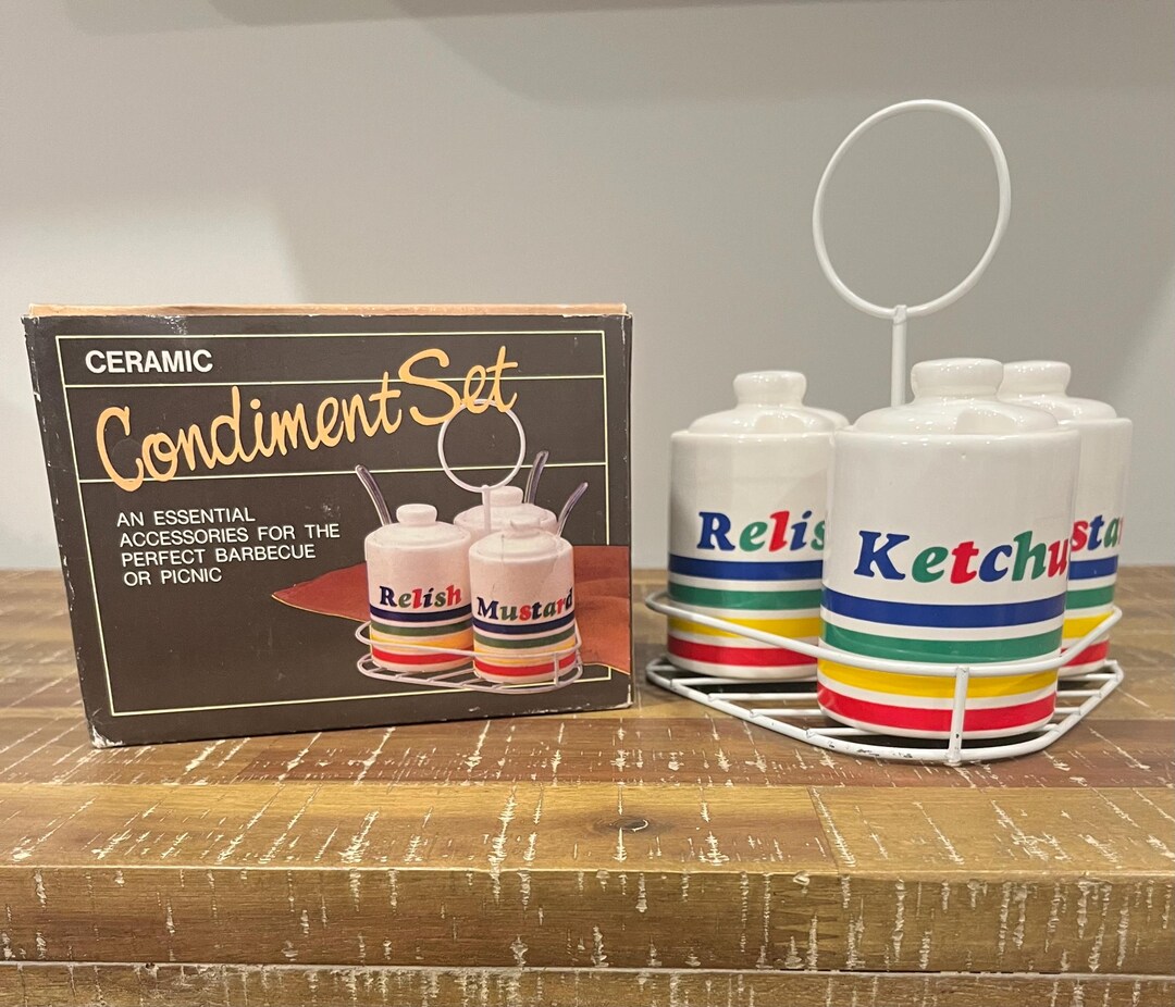 Vintage Condiment Set, 80s Rainbow Striped Condiment Serving Set ...