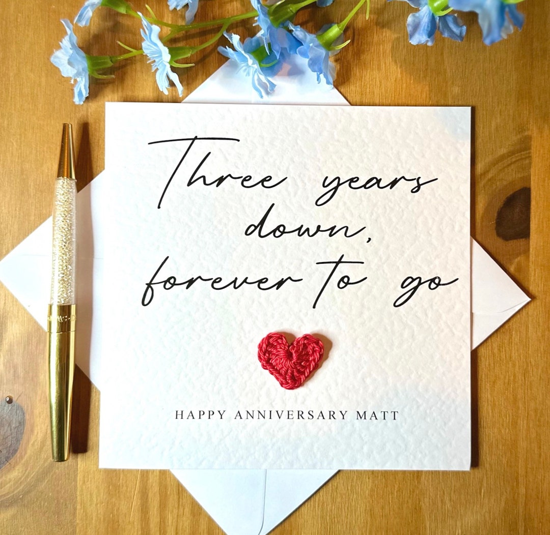 3rd Anniversary Card, Three Years Down Forever to Go, Personalised ...
