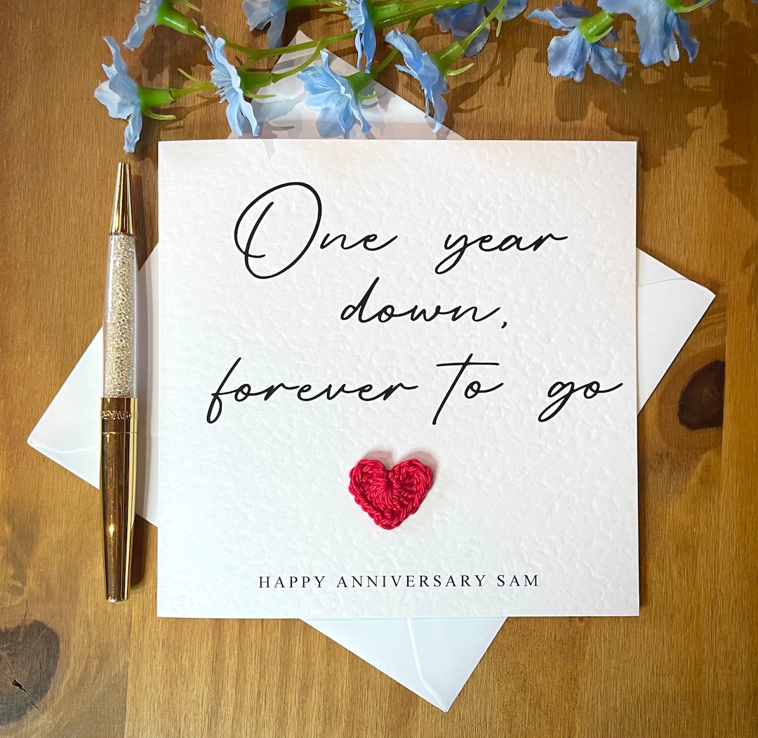 First Anniversary Card: One Year Down, Forever to Go, Crochet Heart ...