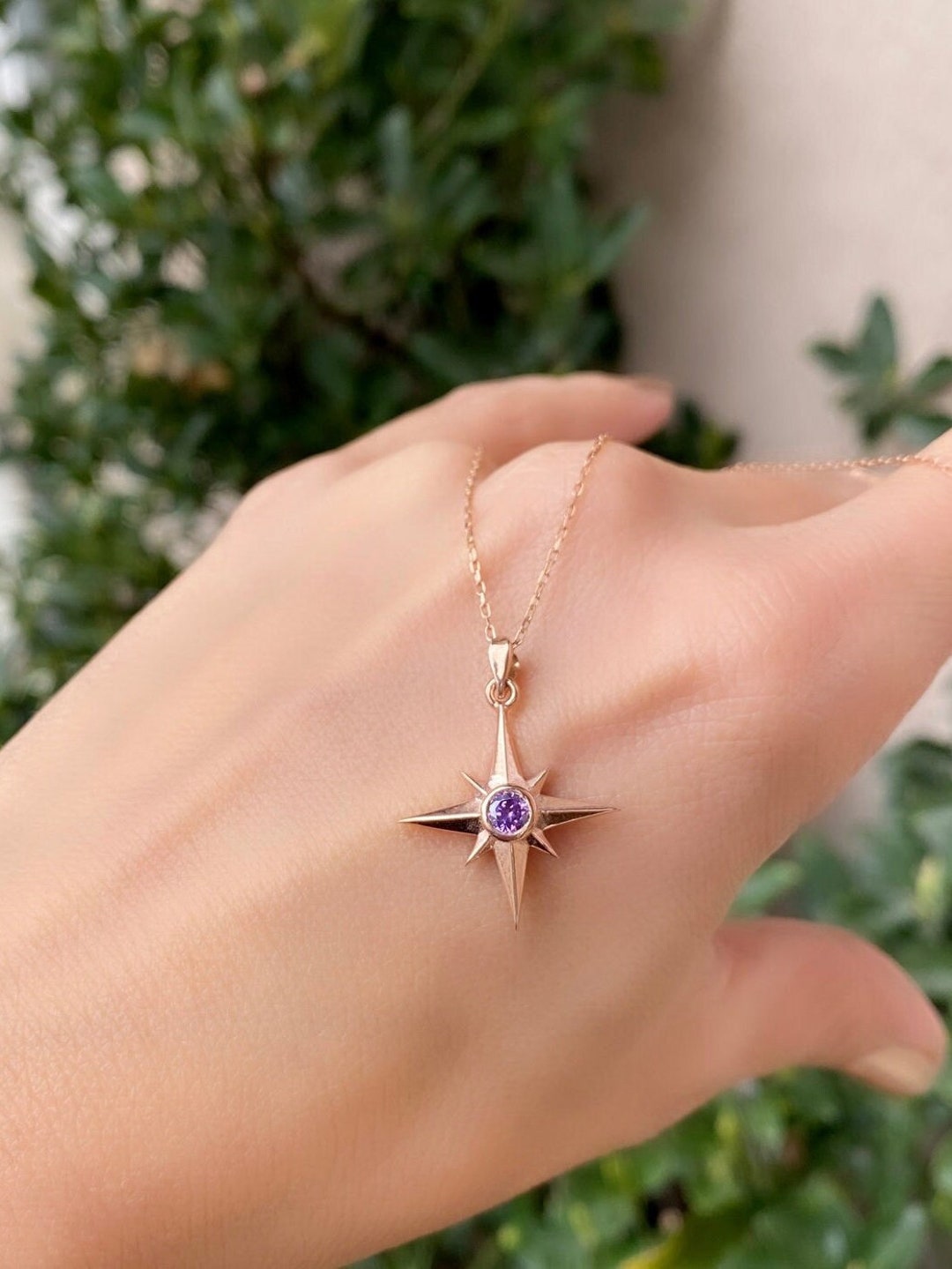 14K Gold North Star Amethyst Gemstone Necklace, Birthstone Star ...