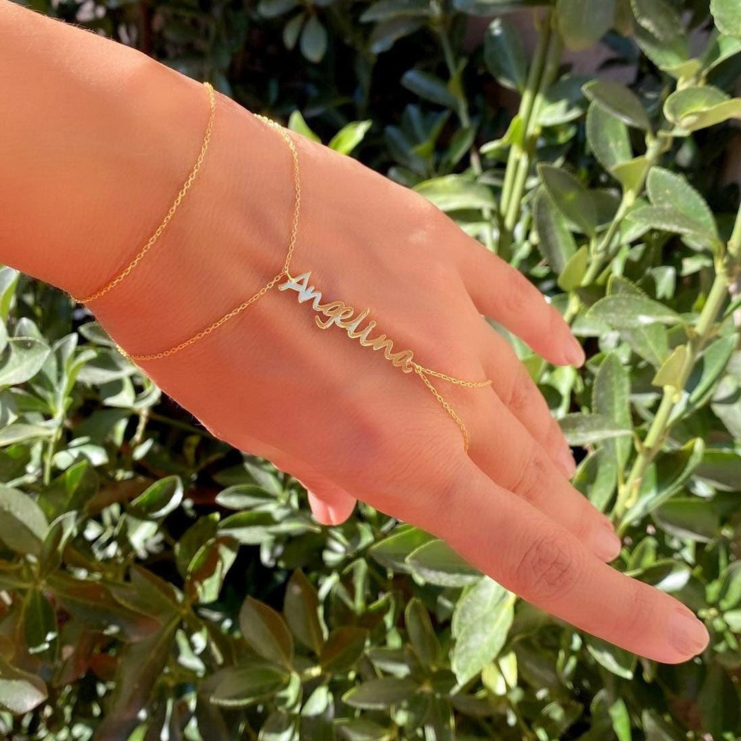14K Gold Personalized Name Hand Chain Bracelet: Rolo Ring Bracelet - Etsy