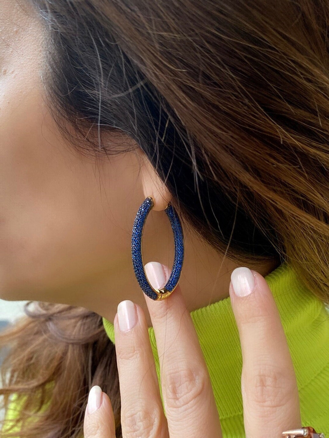 14K Gold Sapphire Hoop Earrings, Sterling Silver Statement Hoops - Etsy