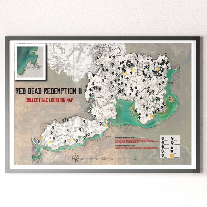 Full RDR2 Map Collectable Guide Hidden Location Print Video Game Wall ...
