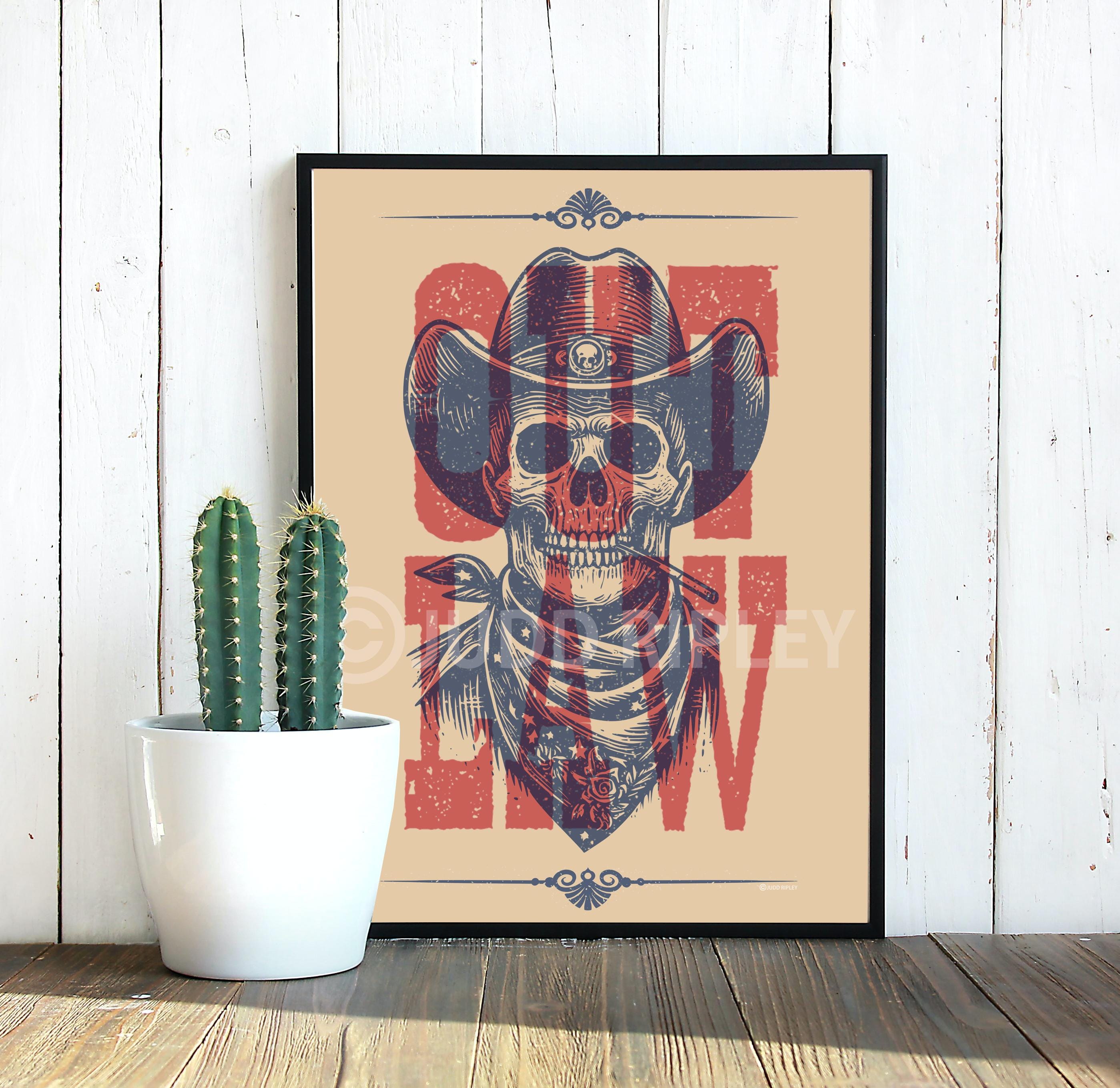 Skeleton Cowboy Outlaw Poster - Bold Two-color Printmaking Art ...