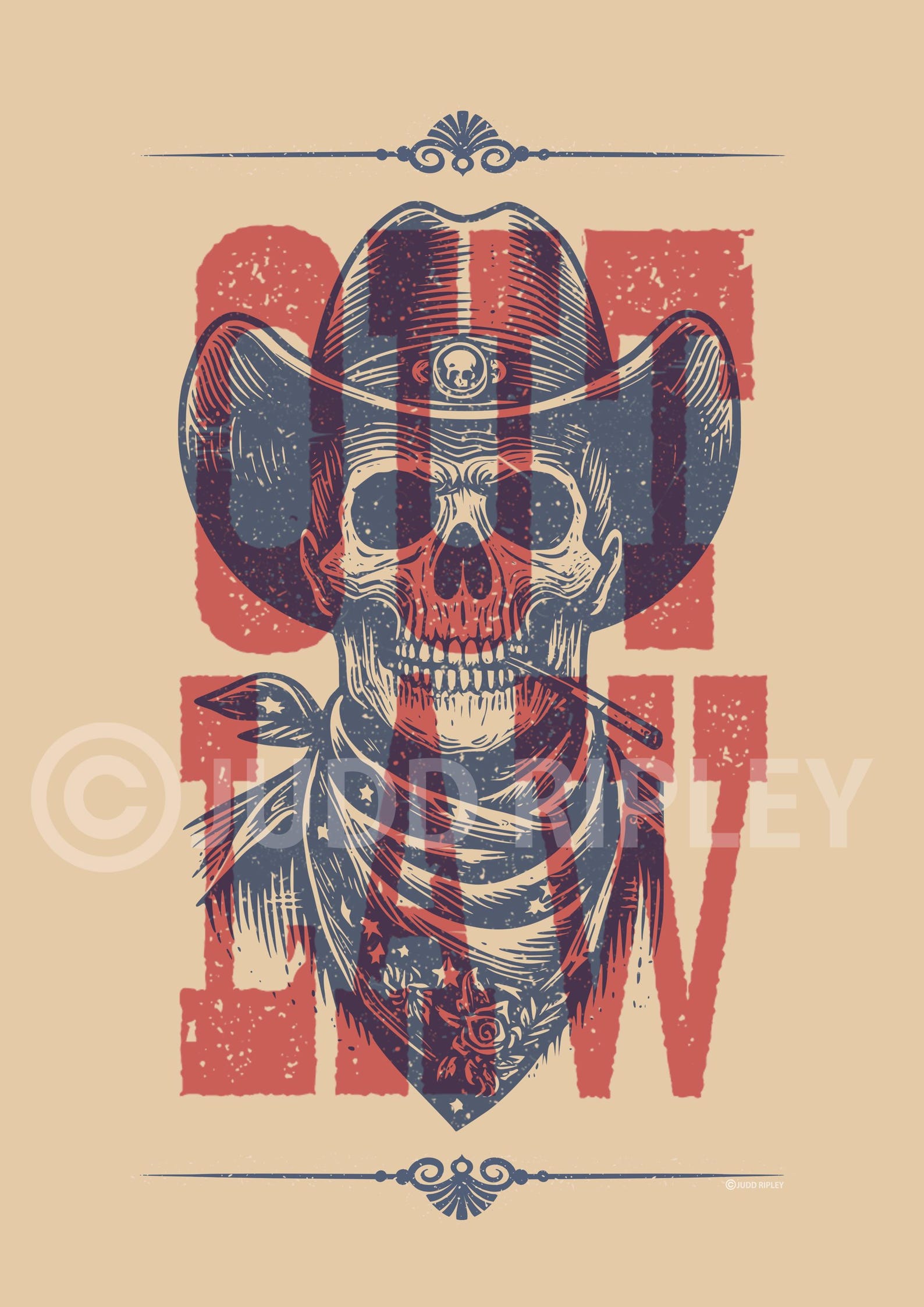 Skeleton Cowboy Outlaw Poster - Bold Two-color Printmaking Art ...
