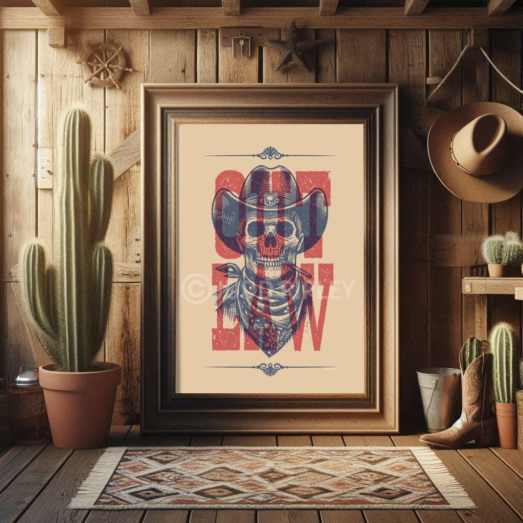 Skeleton Cowboy Outlaw Poster - Bold Two-color Printmaking Art ...