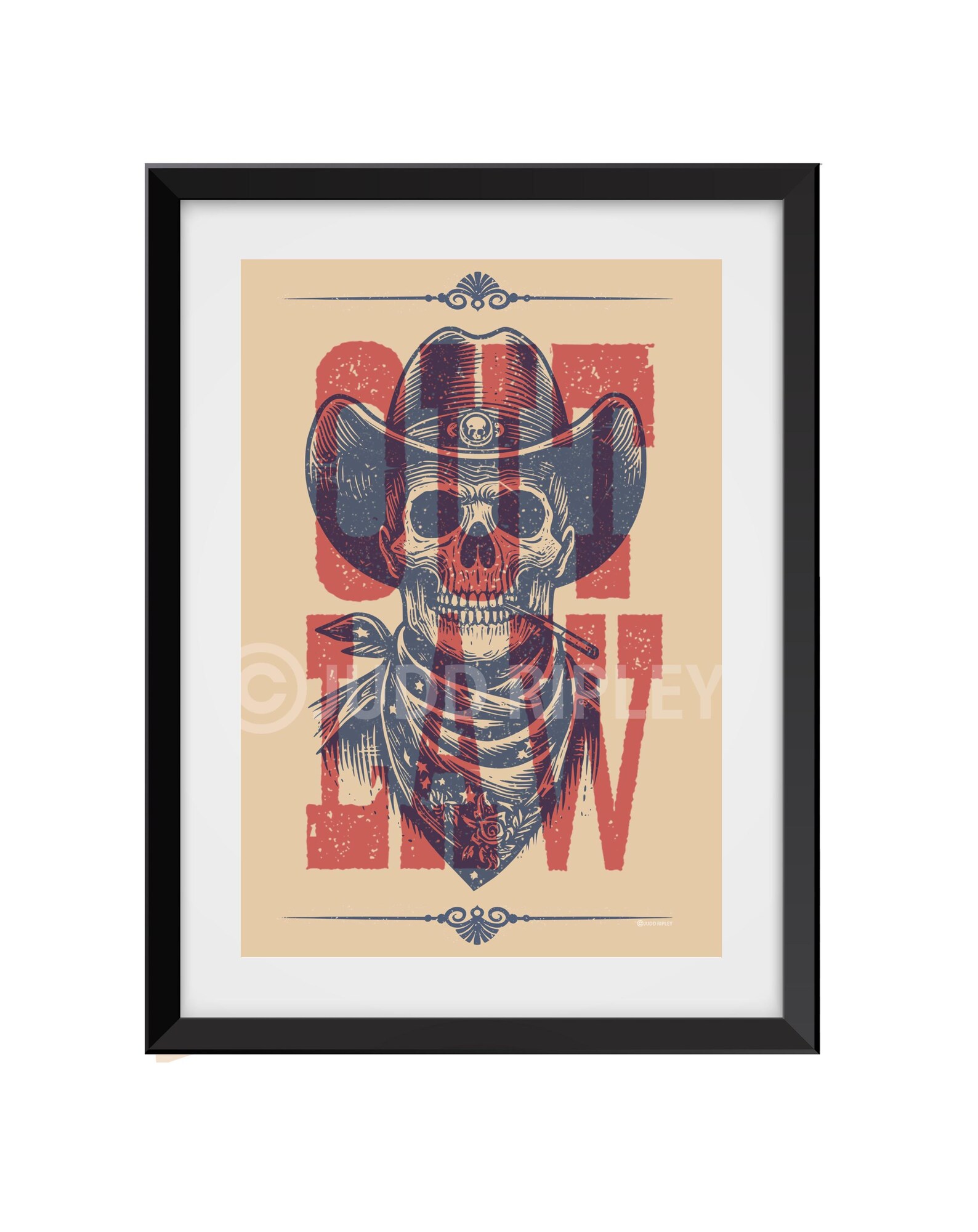 Skeleton Cowboy Outlaw Poster - Bold Two-color Printmaking Art ...