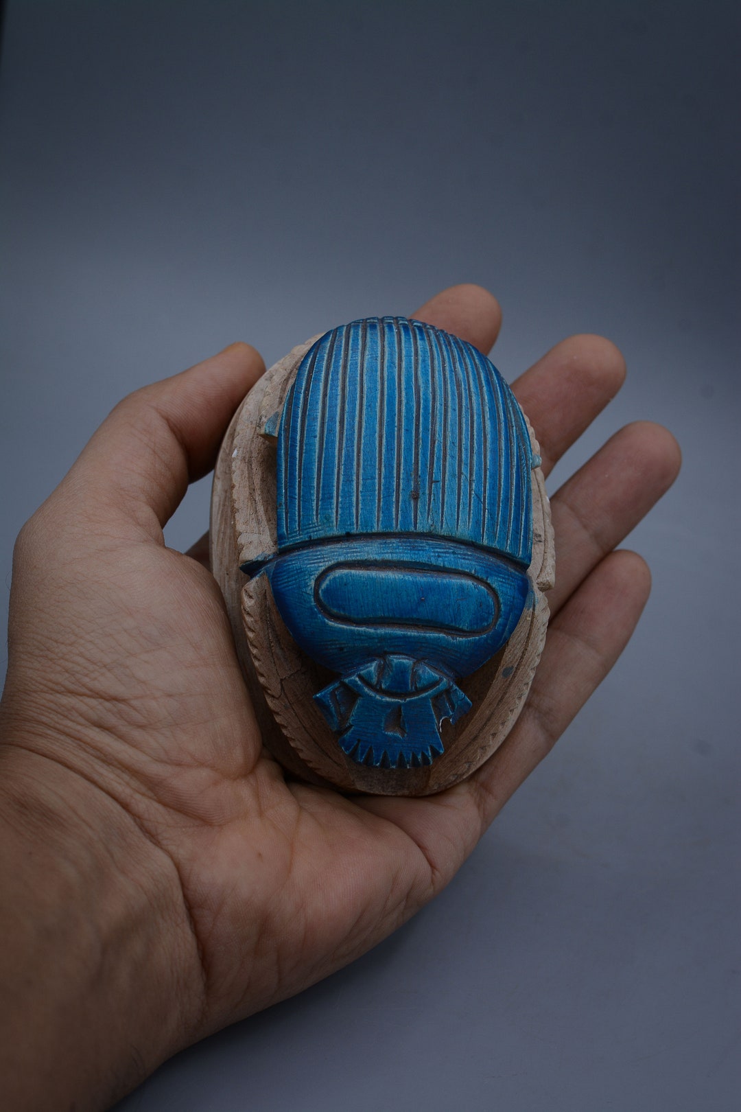 Blue Beetle Scarab Amulet Sculpture Carved Stone Vintage Egyptian Art ...