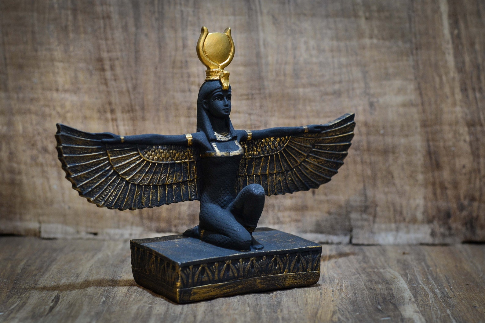 Isis Wings Goddess Statue Sculpture Black Gold Unique Egyptian Art Made ...