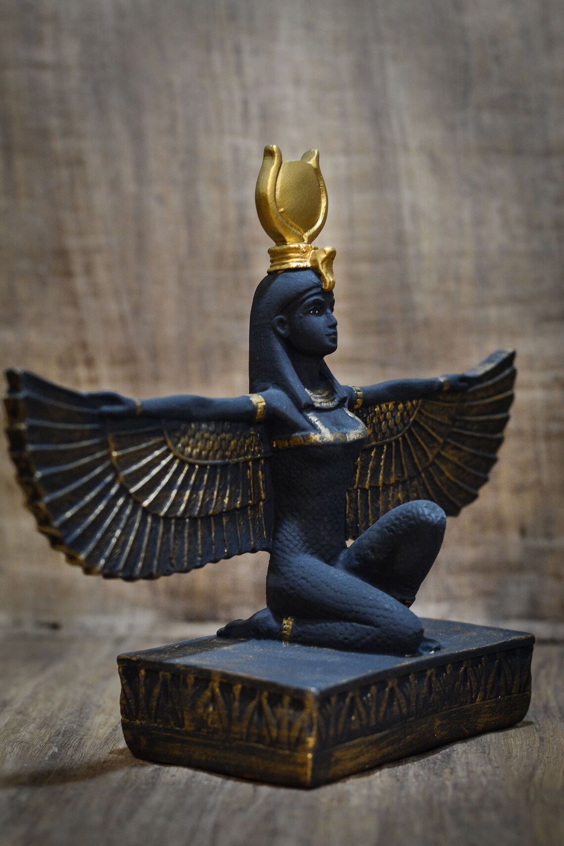 Isis Wings Goddess Statue Sculpture Black Gold Unique Egyptian Art Made ...